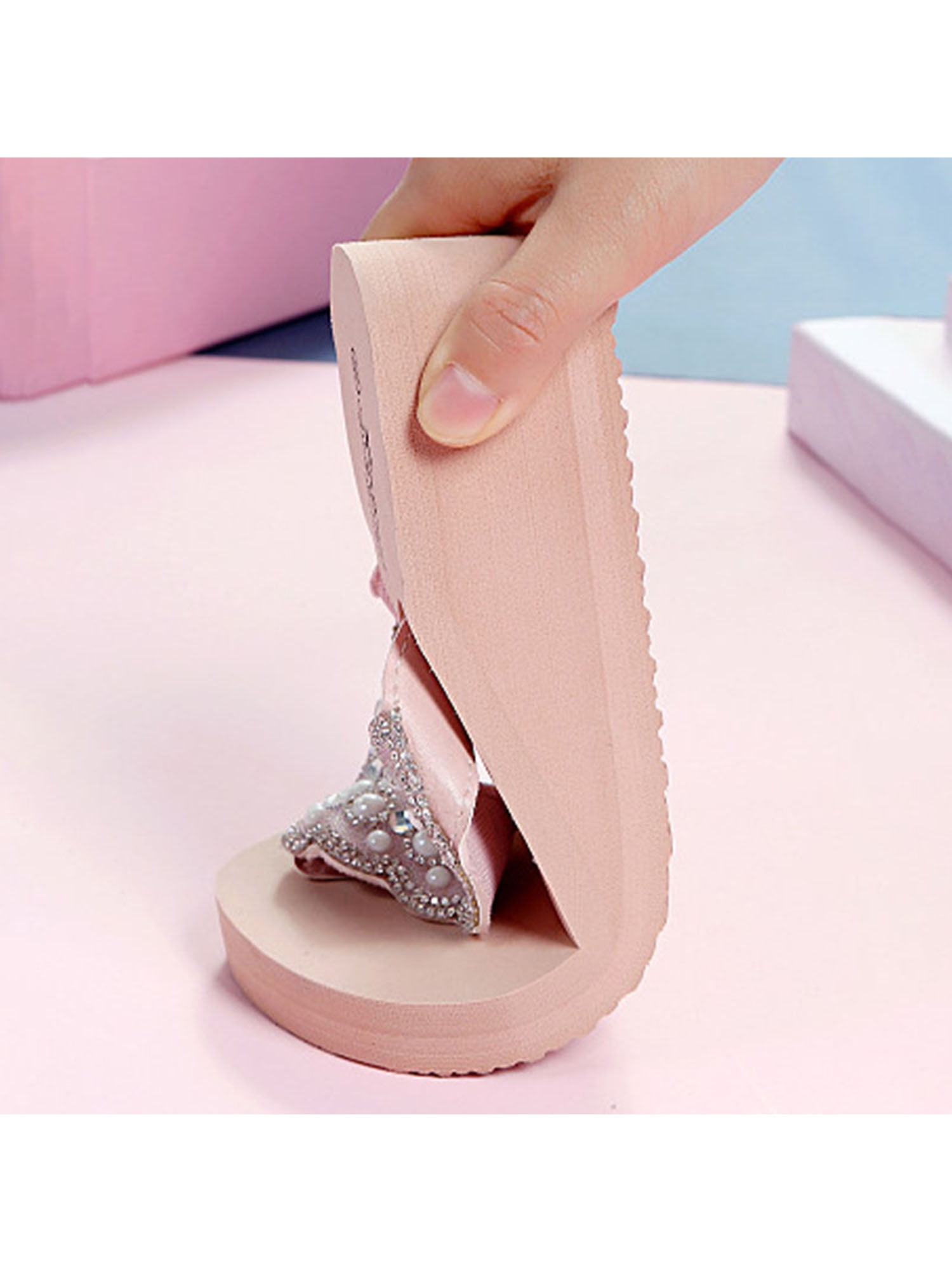 Rotosw Woman Wedges Rhinestone Flip Flops Backless Slippers Lightweight ...