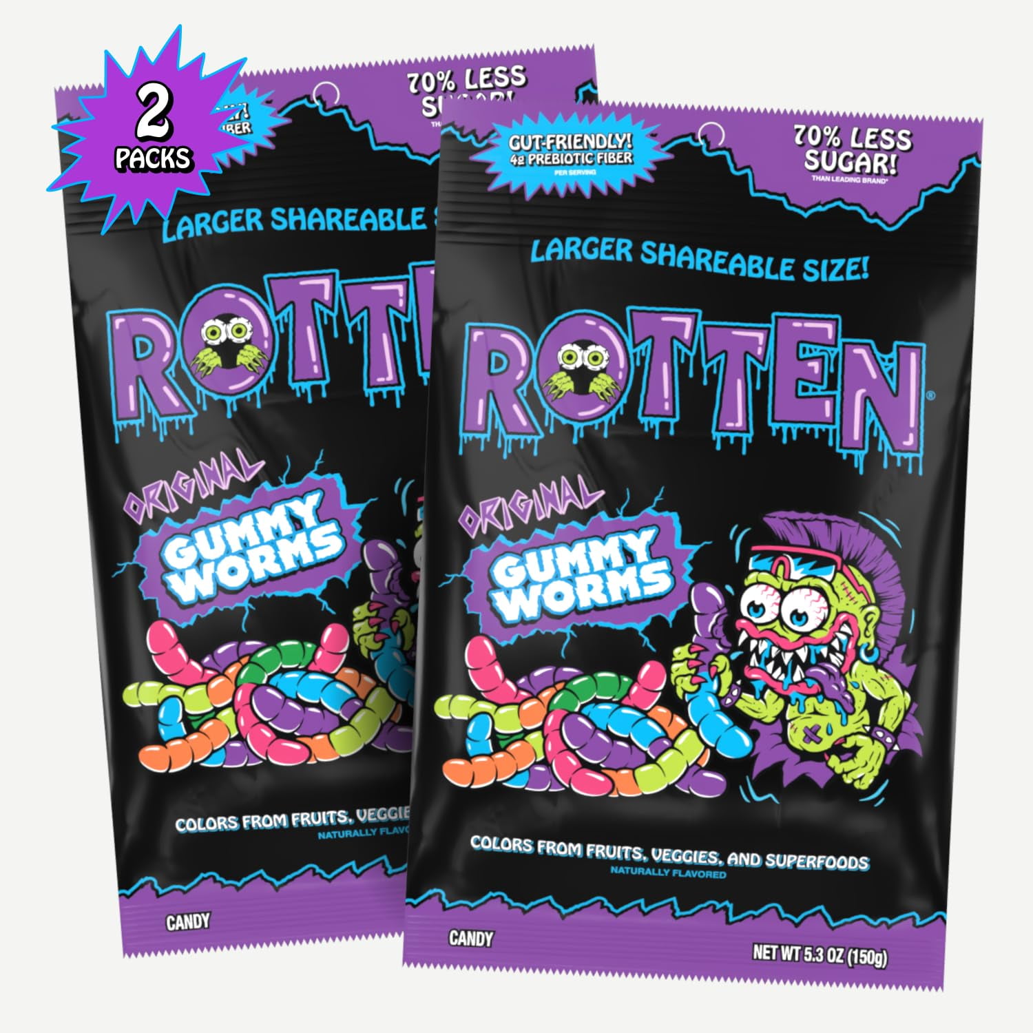 Rotten Original Gummy Worms - Low Sugar, Low Calorie, 7g Gut-Friendly ...