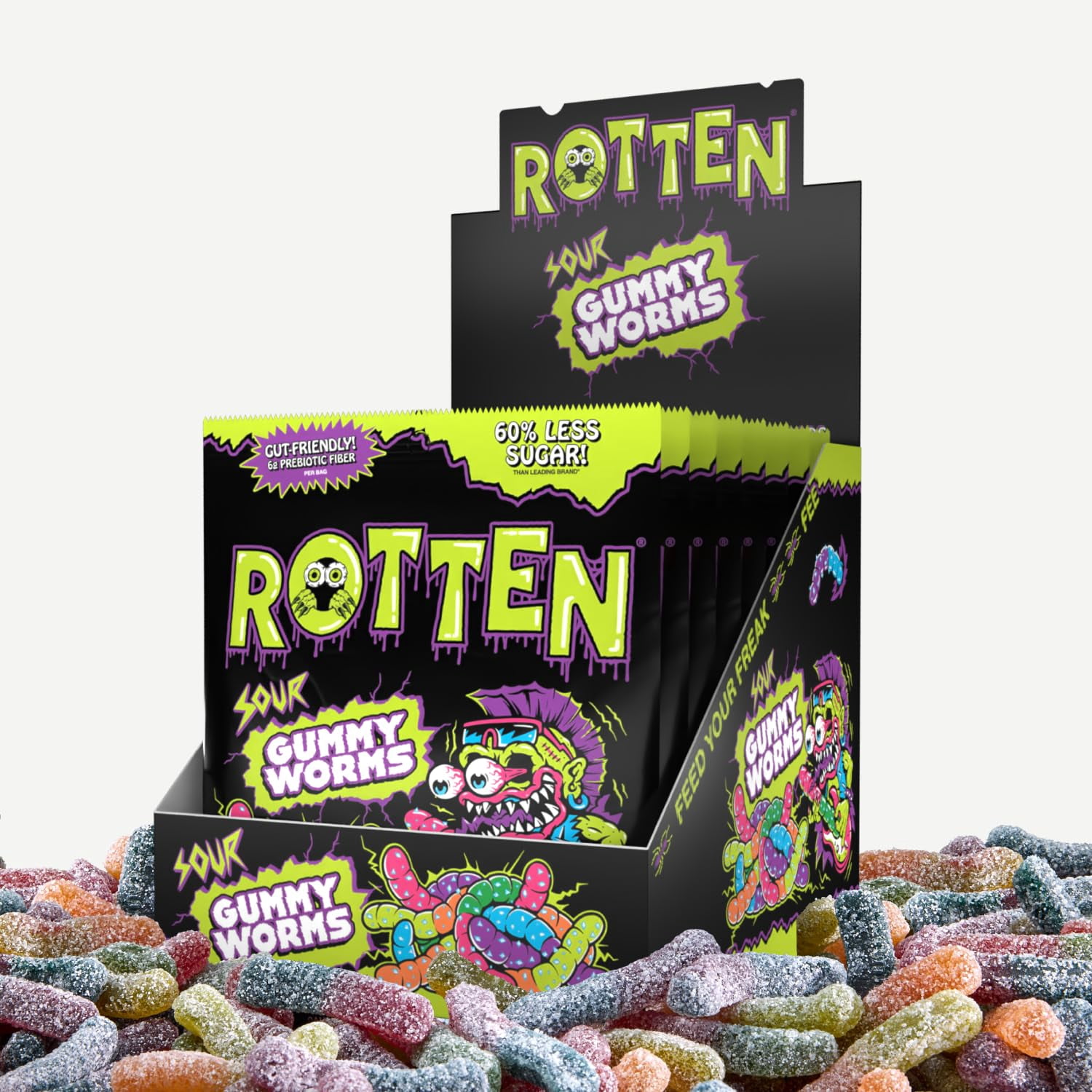 Rotten Sour Gummy Worms - Low Sugar, Low Calorie, 7g Gut-Friendly ...