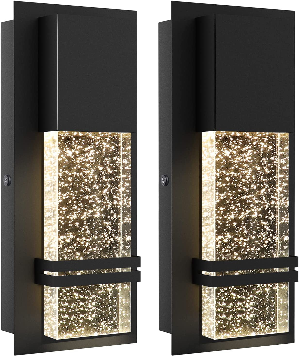 Rottogoon Modern LED Outdoor Wall Light, Matte Black Metal, Crystal Bubble Glass, Weatherproof ...