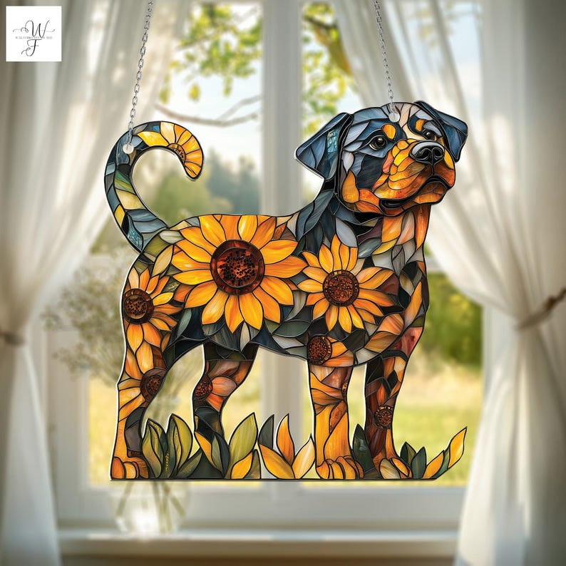Rottweiler Acrylic Window Hanging, Sunflower Dog Suncatcher, Pet Lover ...