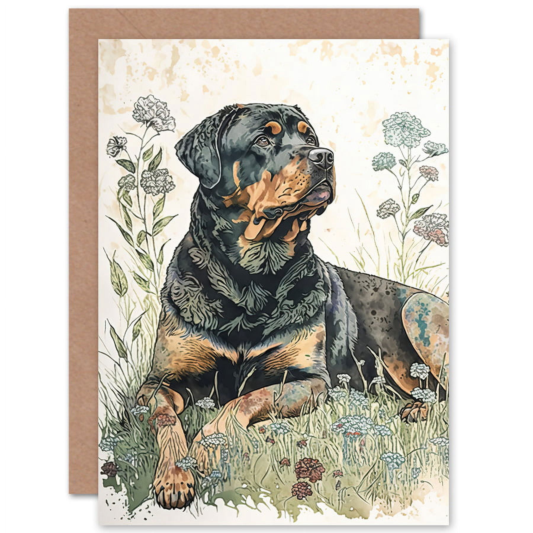 Rottweiler Dog Lying in Wildflowers Bright Watercolour Illustration Art ...
