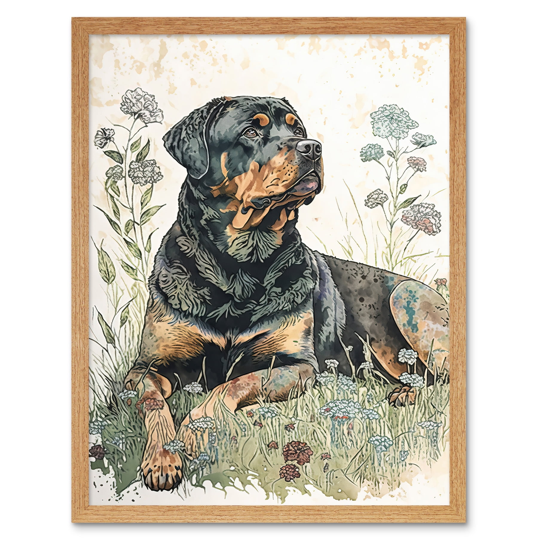 Rottweiler Dog Lying in Wildflowers Bright Watercolour Illustration Art ...