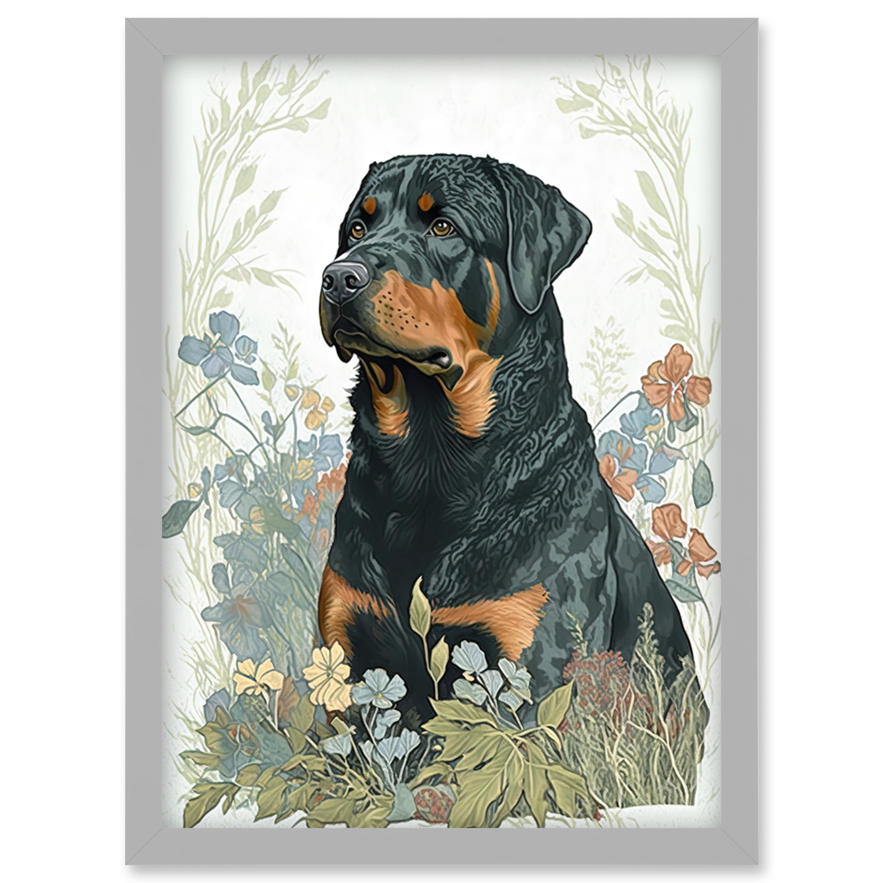 Rottweiler Dog Sitting in Flower Field Modern Watercolour Illustration ...