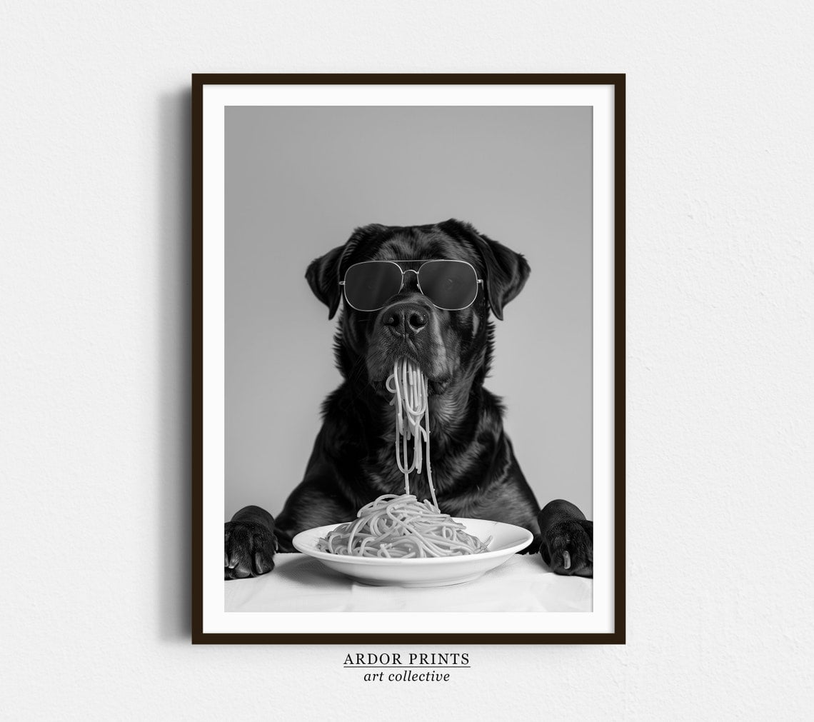 Rottweiler Eating Pasta Wall Art, Spaghetti Print, Black And White ...