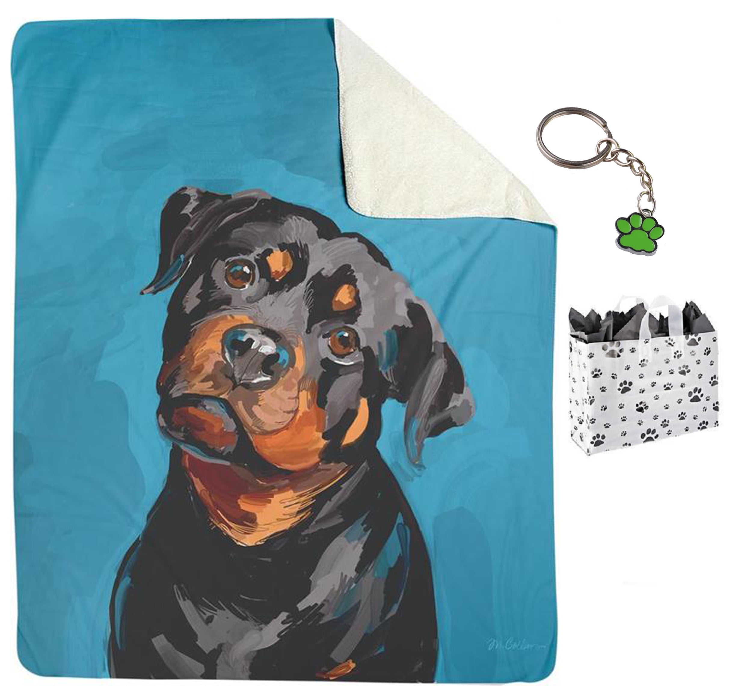 Rottweiler Fleece Throw Blanket 50" x 60" (Maggie), Paw Keychain, and ...