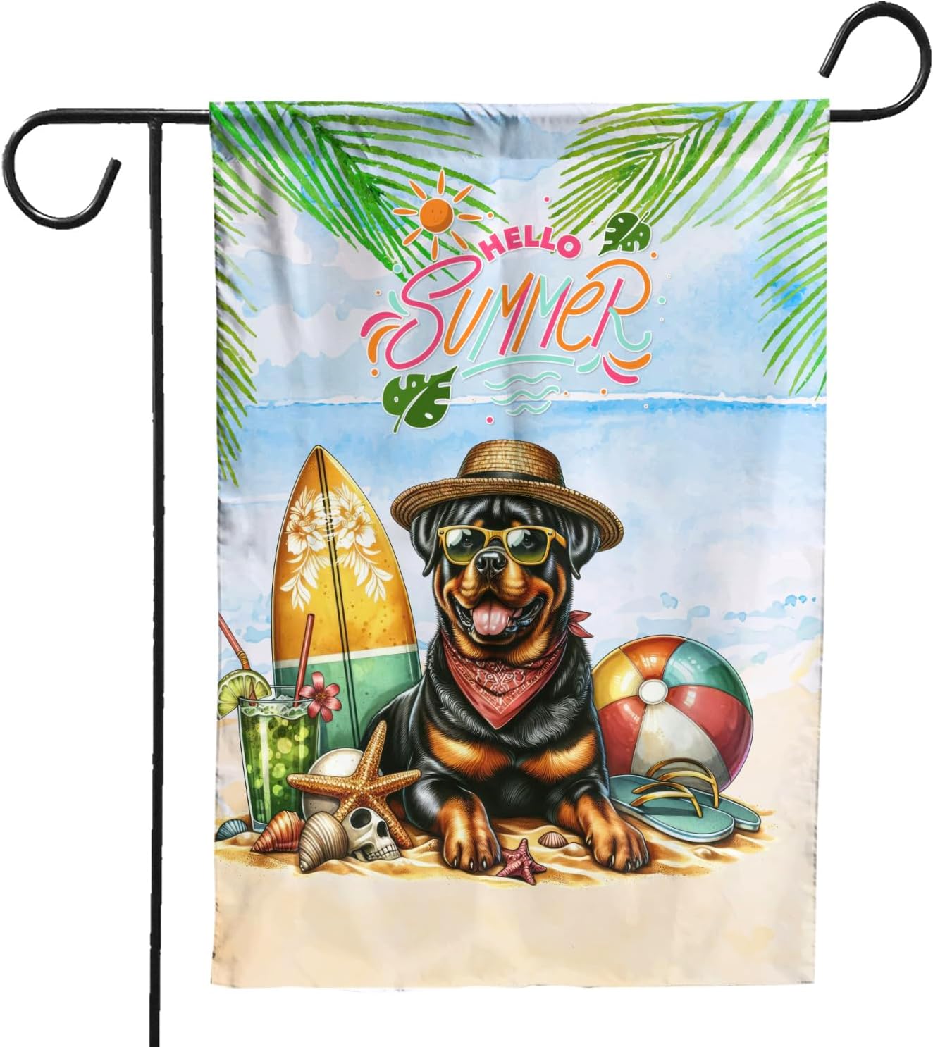 Rottweiler Hello Summer with Sunglasses and Surfboard Tropical Vibes ...