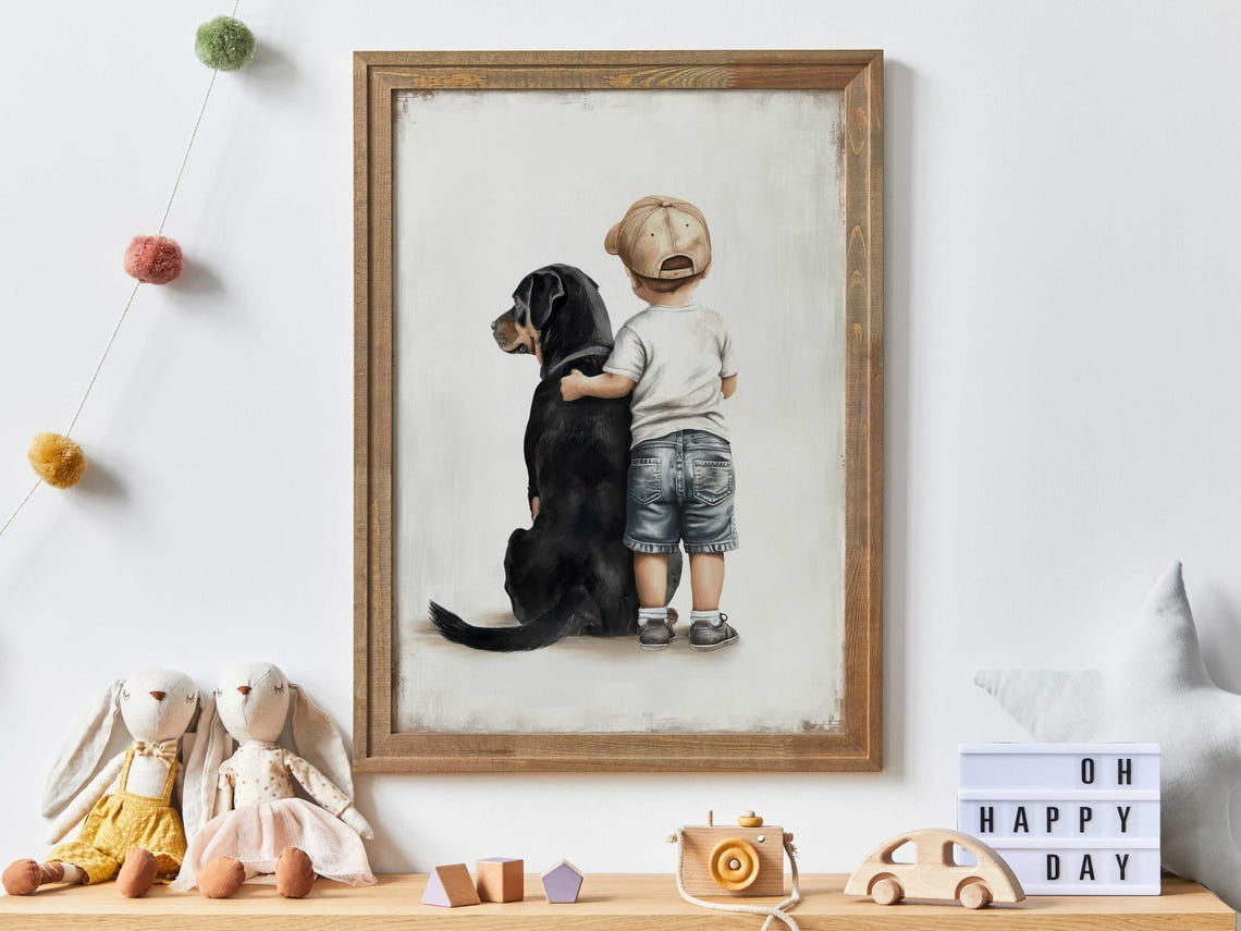 Rottweiler Nursery Decor, Boy & Dog Art Print, Rottweiler Baby Gift ...
