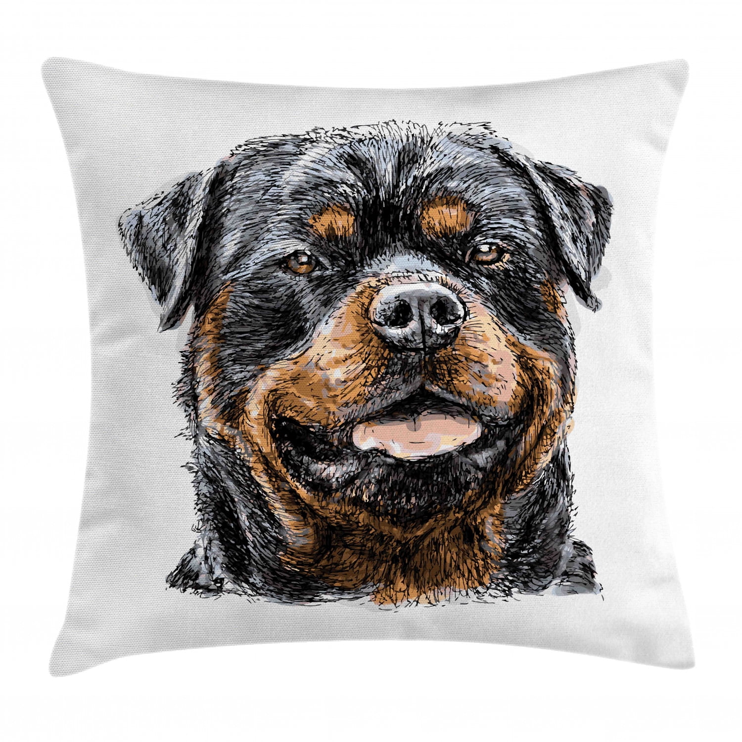 Rottweiler Throw Pillow Cushion Cover, Hand Drawn Image of Dog Type ...