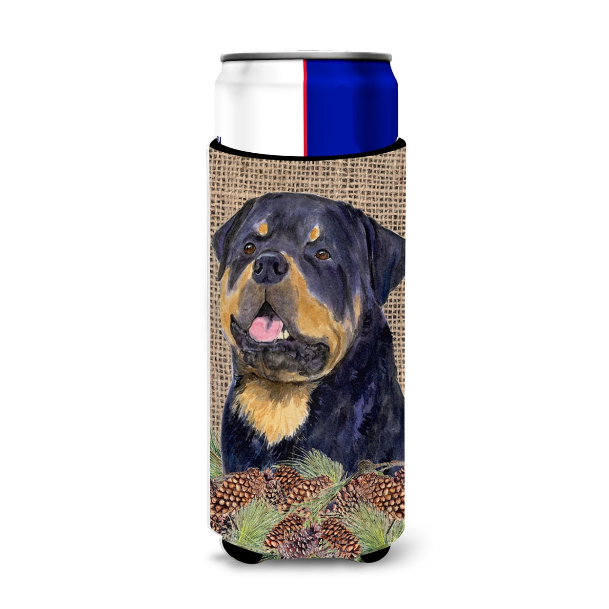 Rottweiler on Faux Burlap with Pine Cones Ultra Hugger for slim cans ...