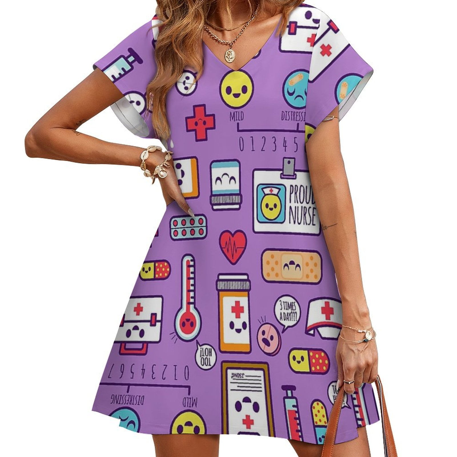 Roud to Be A Nurse Purple Ladies Summer Short Sleeve Fashion Dress V ...