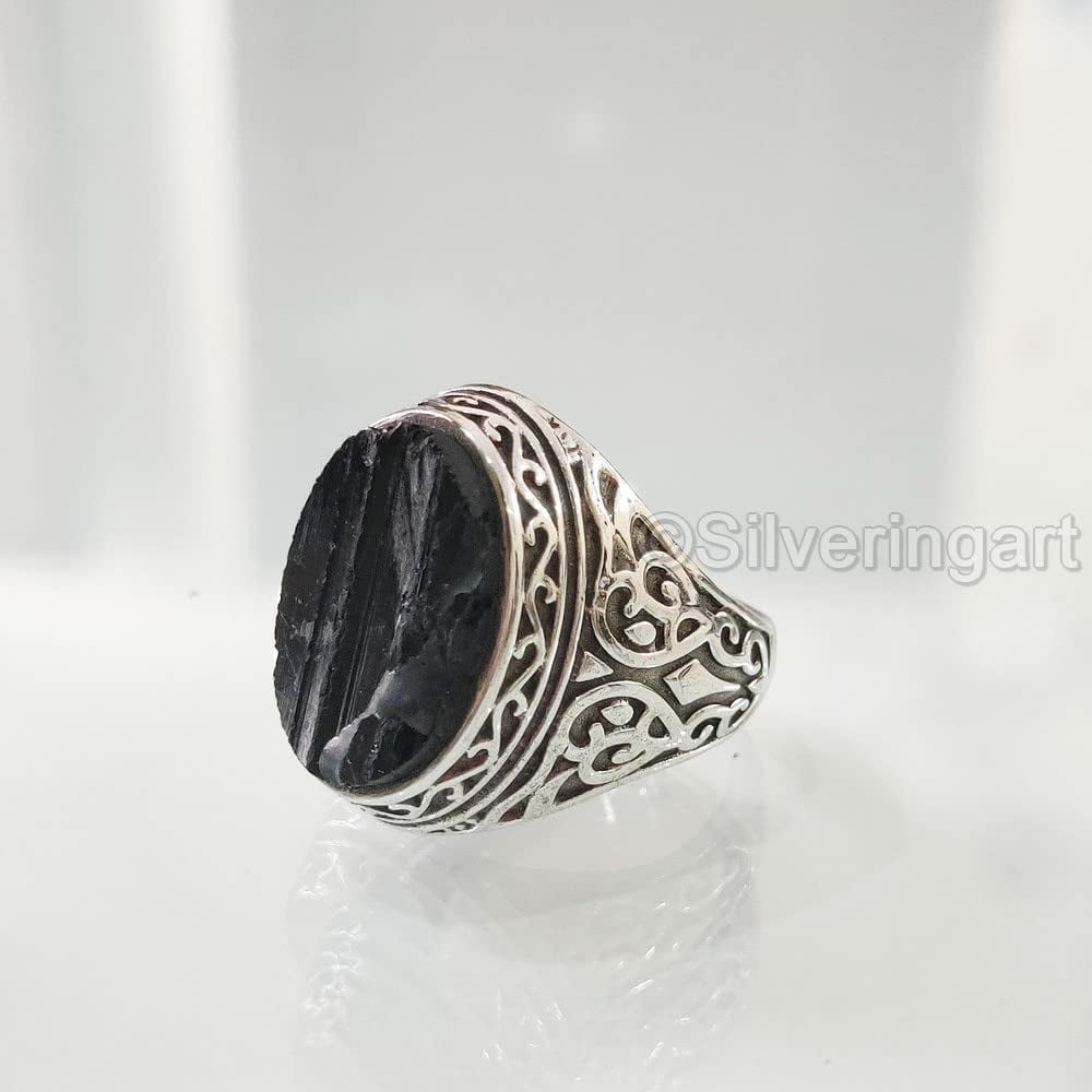 Rough Black Tourmaline Mans Ring, Natural Black Tourmaline, Silver ...