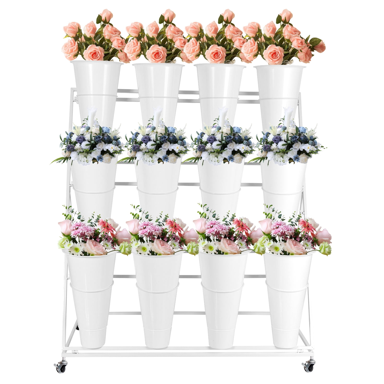 Round 12 Bucket Flower Display Stand, 3-Layer Flower Cart, White Metal ...