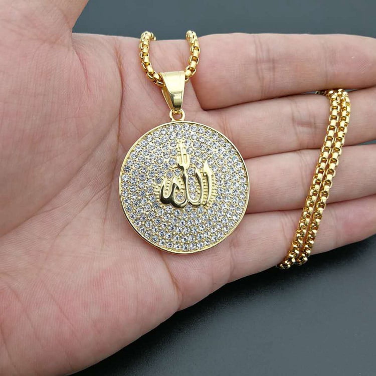 Round 14K Yellow Gold Men Golden Muslim Allah Pendant Necklace Iced Out ...