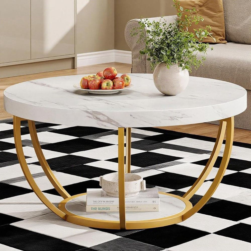 Round 2-Tier Coffee Table, White Faux Marble Gold Metal Legs Modern ...