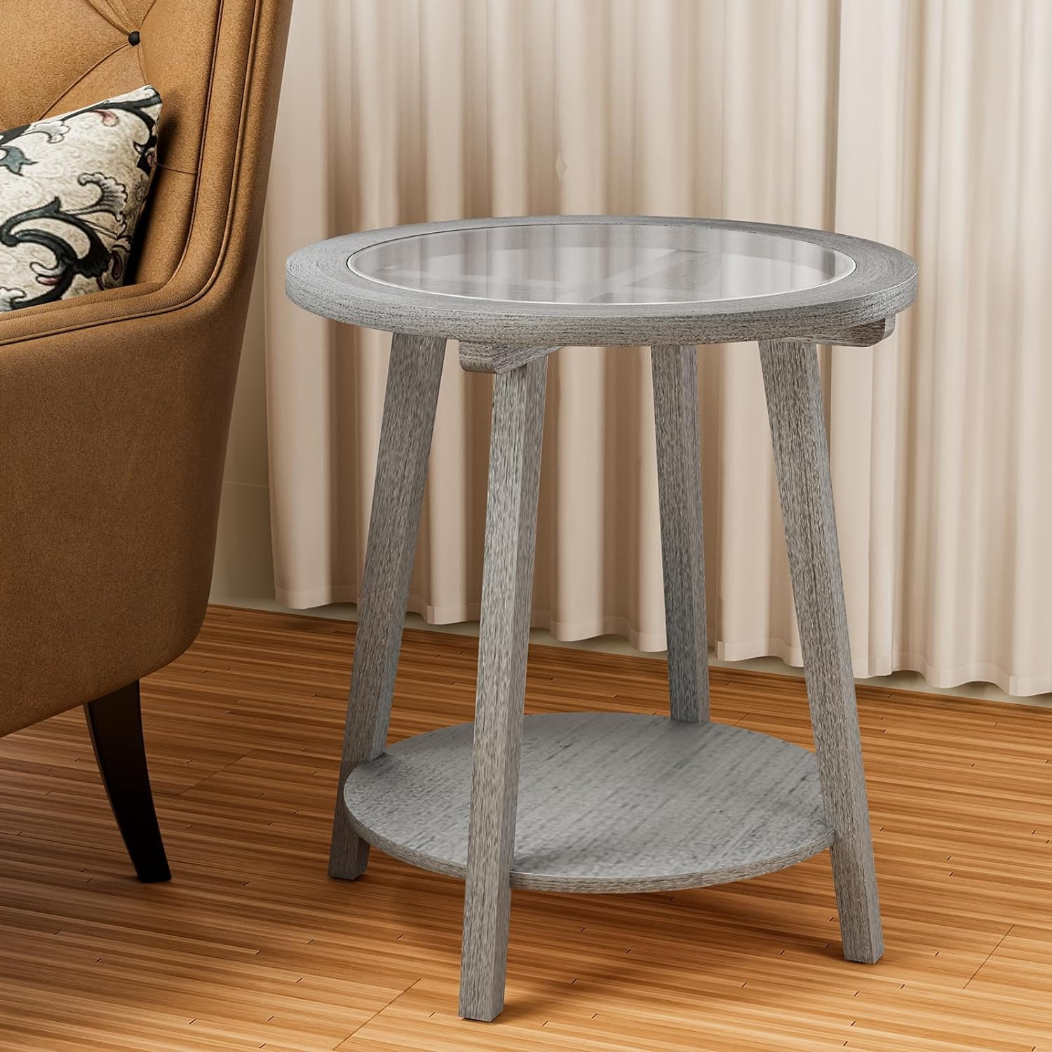 Round 2-Tier End Table with Shelf & Tempered Glass Top, Side Table with ...