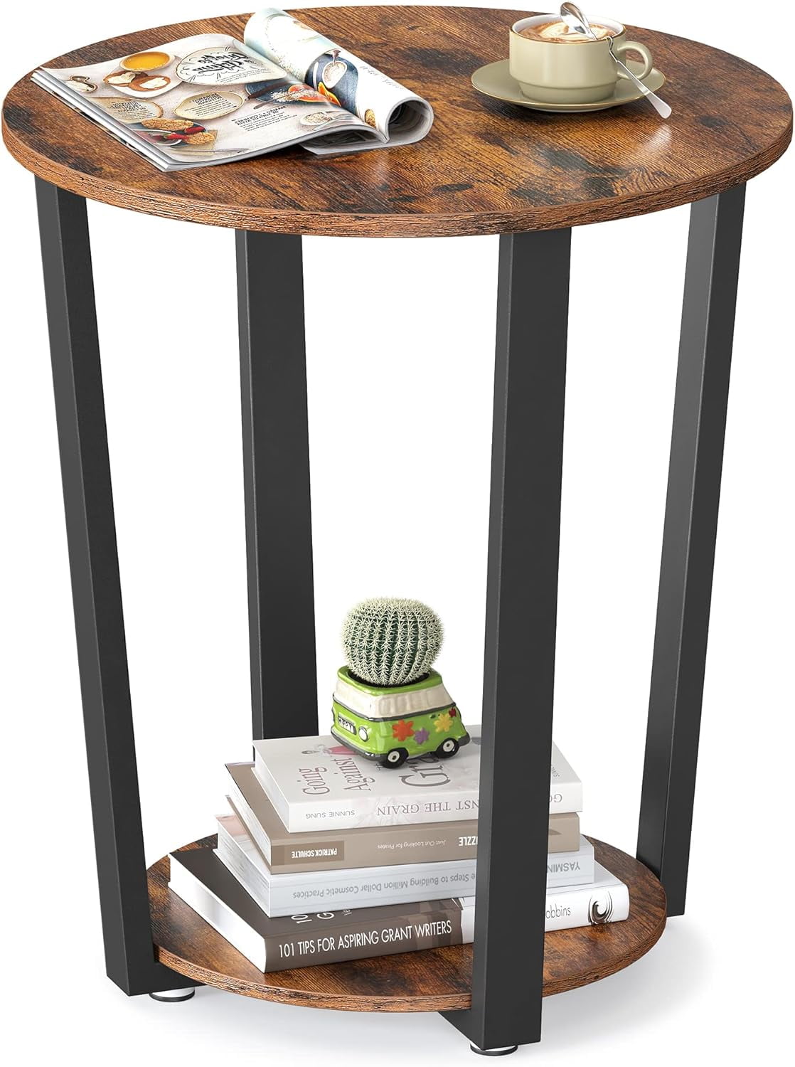 Round 2-Tier Side Table, Rustic Brown and Black End Table with Lower ...
