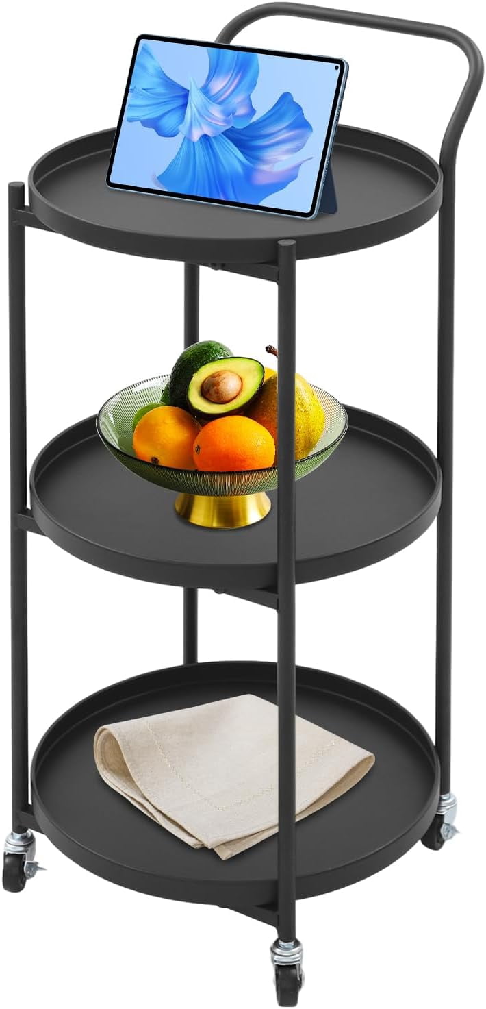 Round 3-Tier Rolling Bar Cart with Locking Wheels, Metal Serving Cart ...