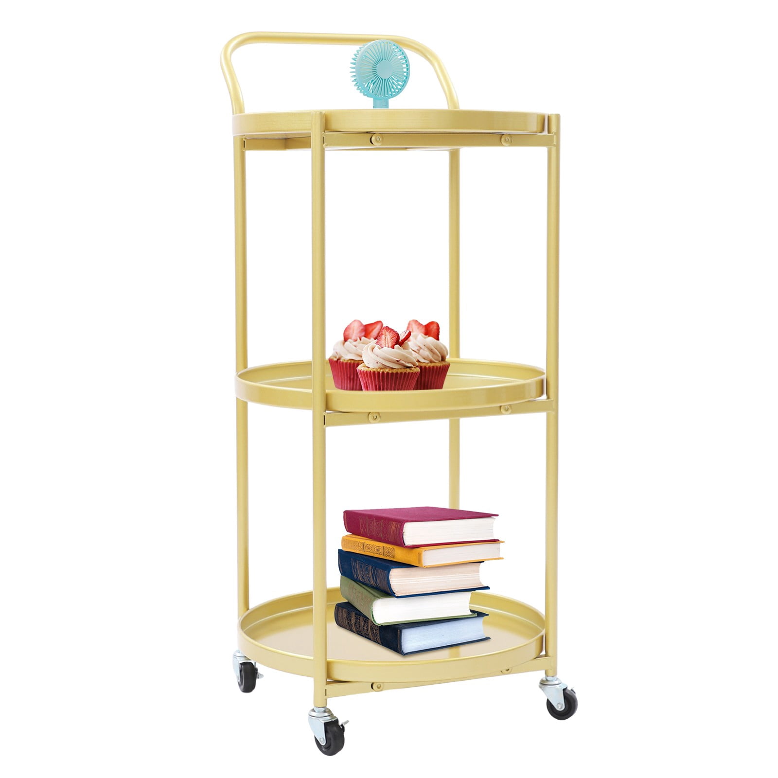 Round 3-Tier Rolling Bar Cart, Metal Frame Serving Cart with Wheels ...