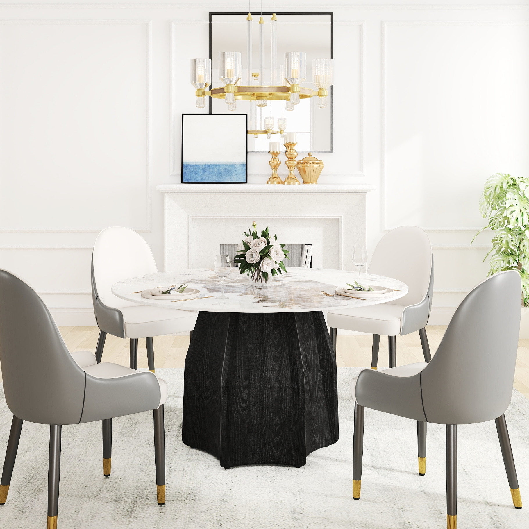 Round 53" Sintered Stone Dining Table with Oak Base for 6 in Dining ...