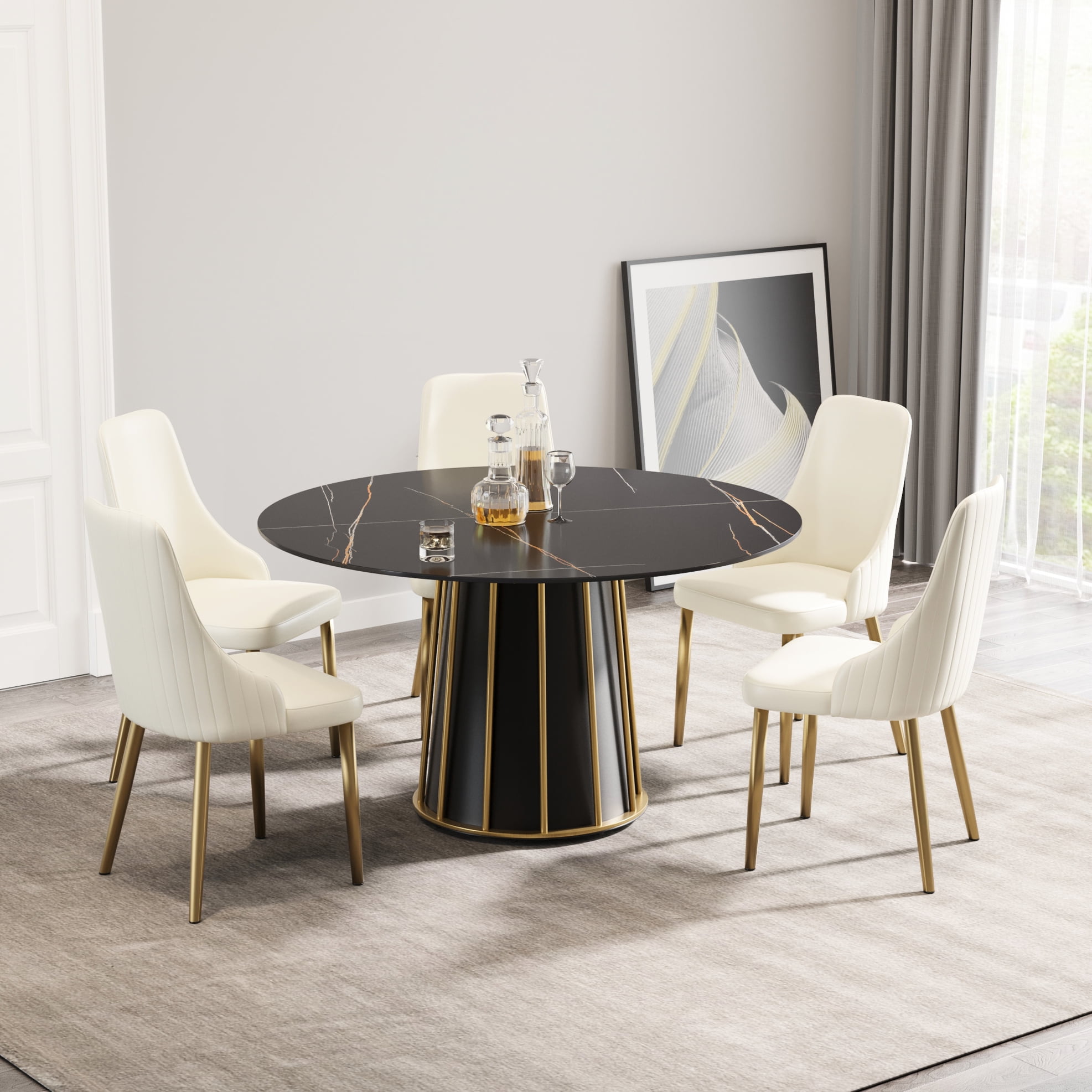 Round 54.74" Dining Table With Sintered Stone Top - 6 Person, Black ...