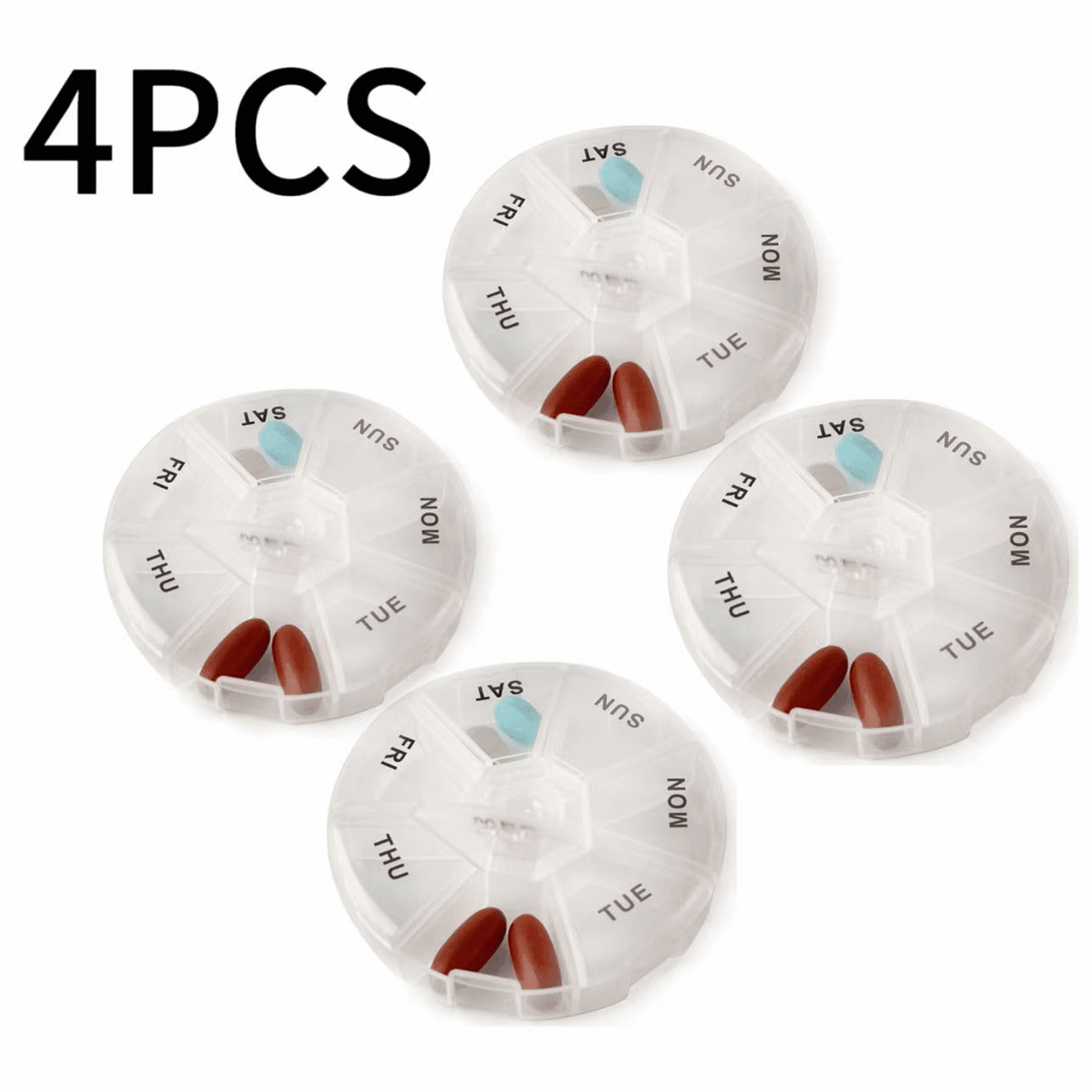 Round 7 Day Pill Organizer (4 Pack), Portable Weekly Vitamin Container ...
