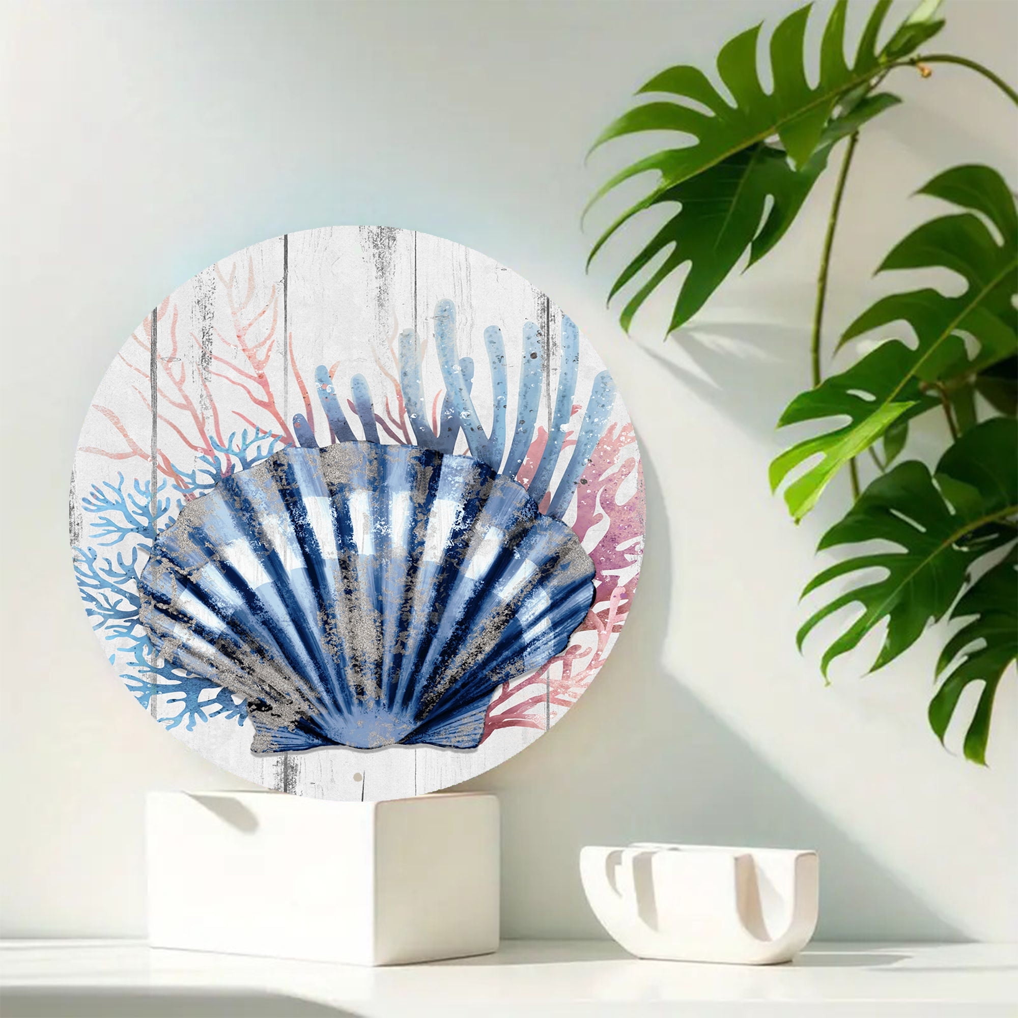 Round 8x8 Inch Coral Art Wall Decor Beach Sea Shell Pictures Aluminum ...