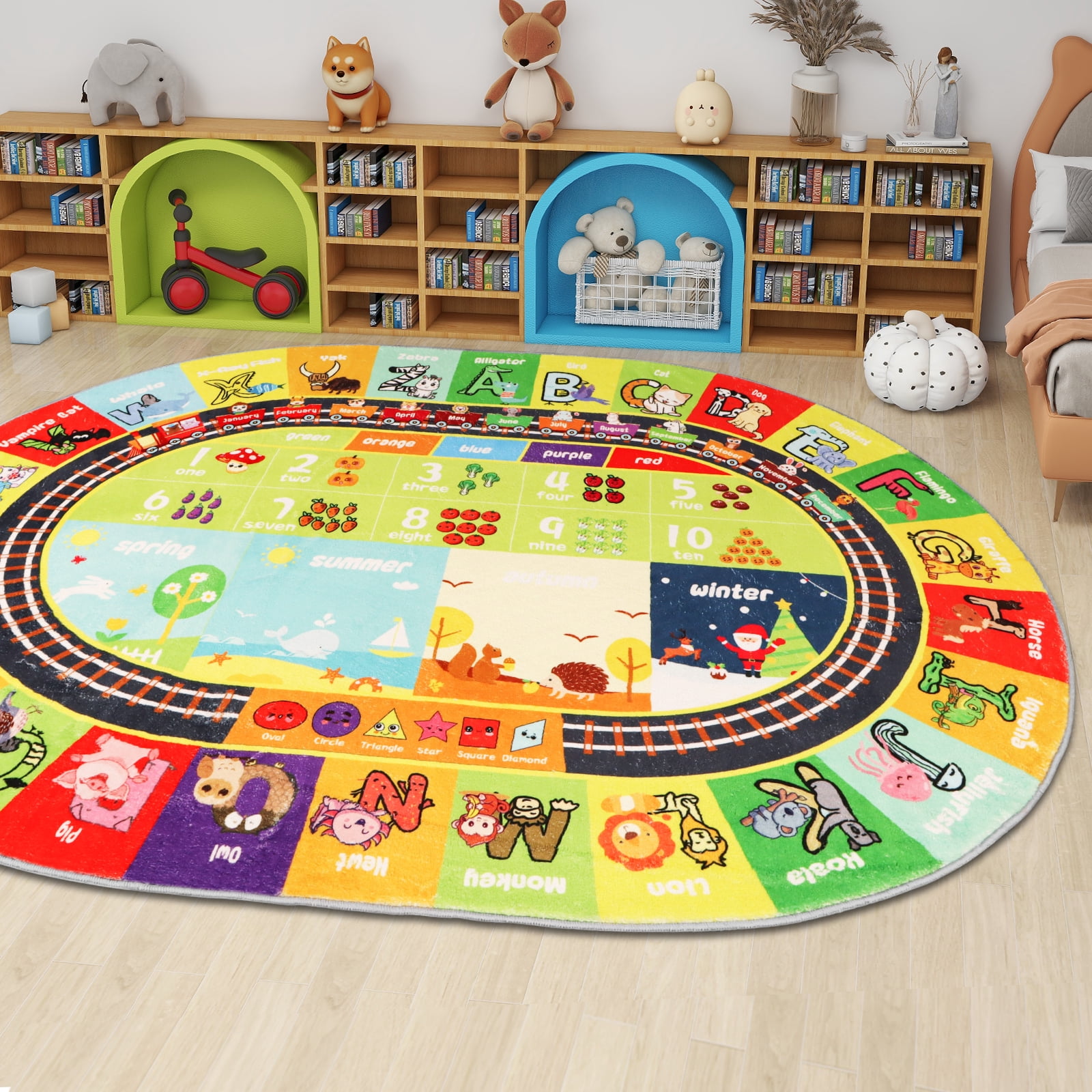 Round ABC Kids Rug Plush, 4' Fluffy Educational Playmat Rug Carpet ...