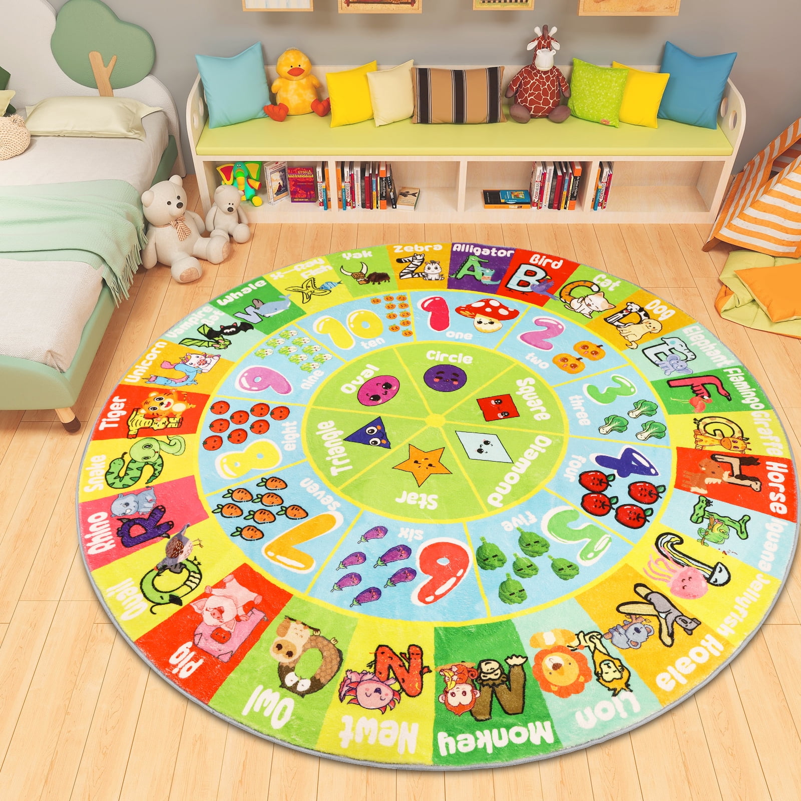 Round ABC Kids Rug Plush, 4' Fluffy Educational Playmat Rug Carpet ...