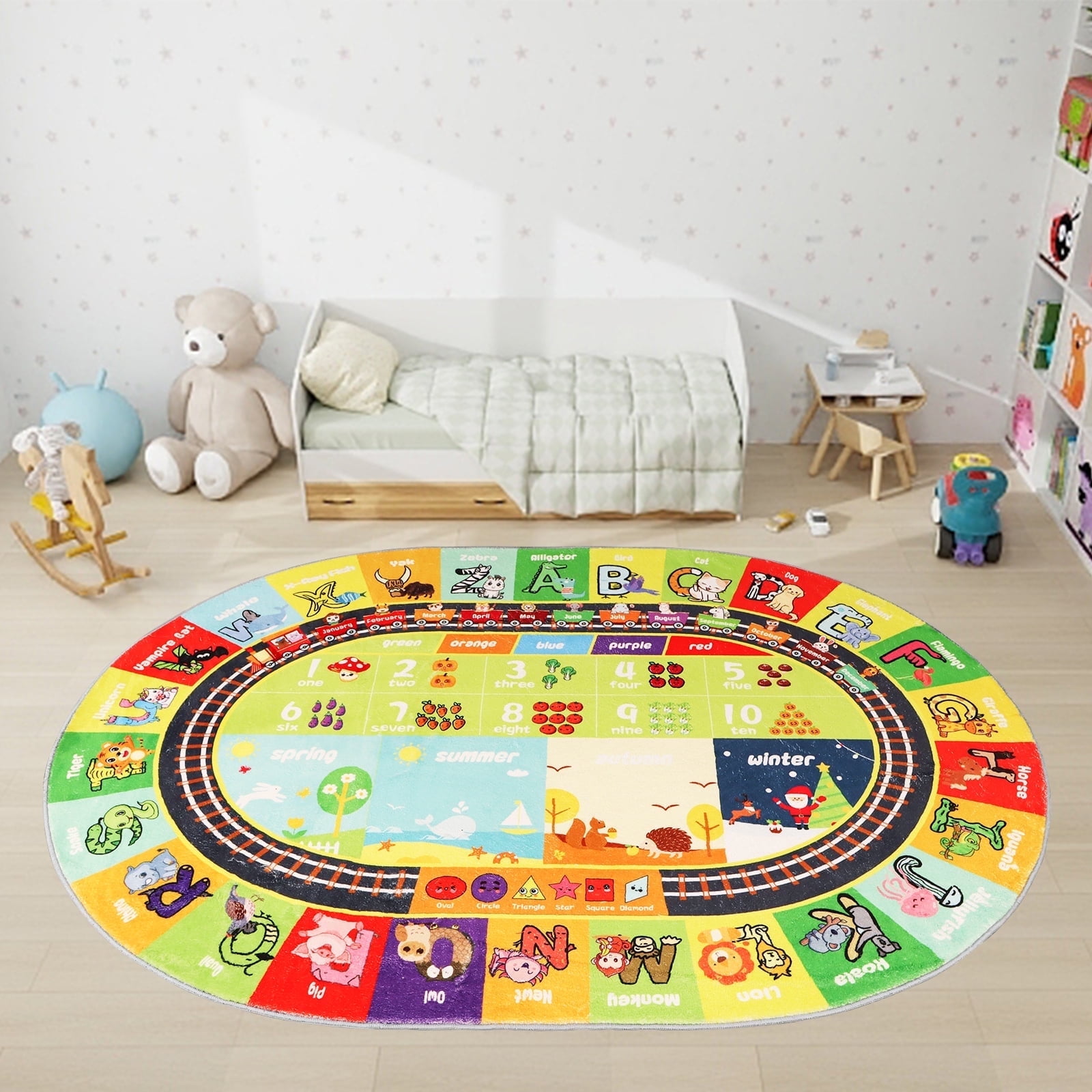 Round ABC Kids Rug Plush, 4' Fluffy Educational Playmat Rug Carpet ...