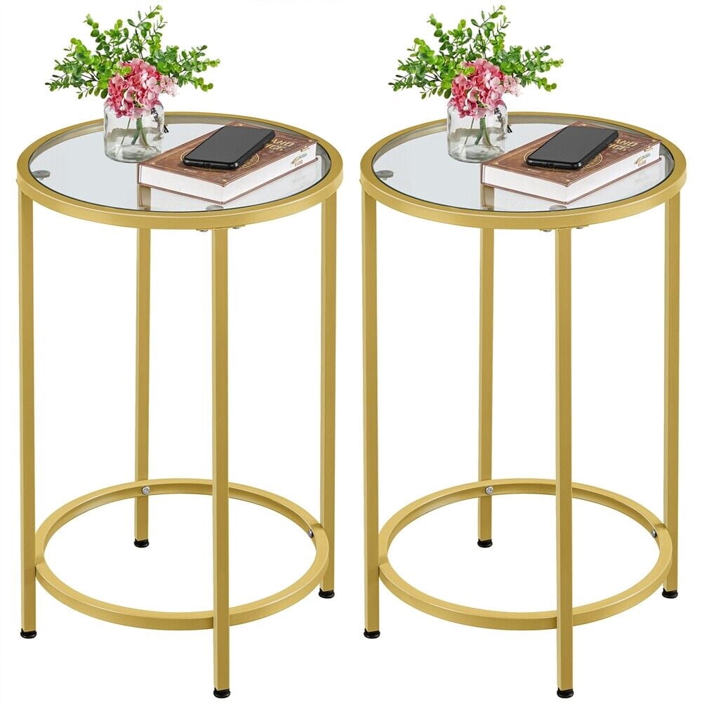 Round Accent End Tables w/ Glass Top& Metal Frame for Living Room ...