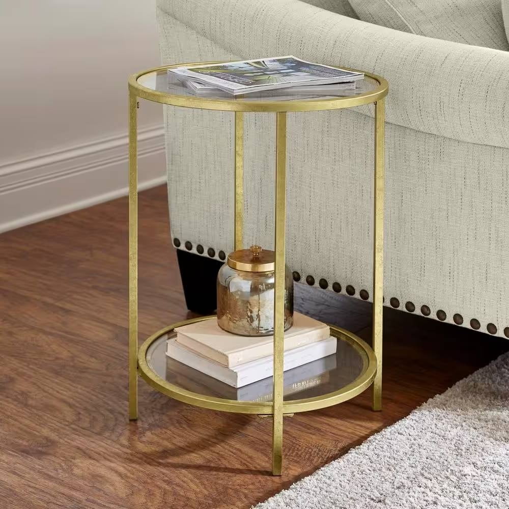 Round Accent Side Table Gold Metal Glass Top Bottom Shelf End Table ...