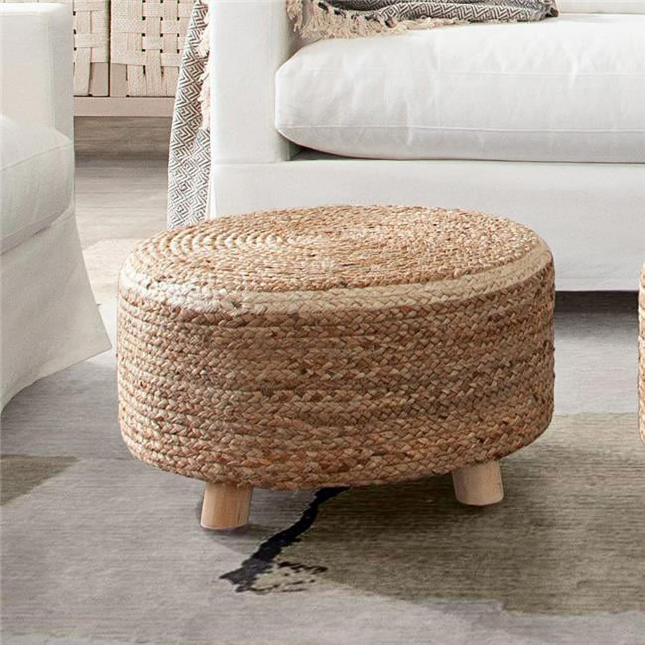 Round Accent Stool with Jute Fiber & Wood Legs, Natural - Walmart.com