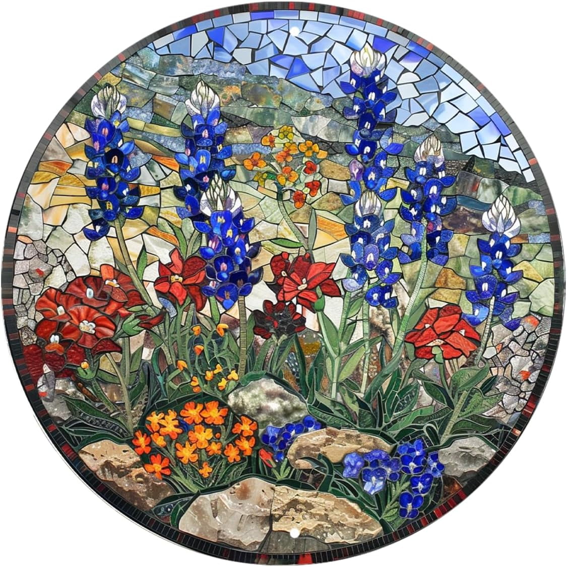 Round Aluminum Flat Wall Sign Bluebonnet Wreath Stained Glass Style ...