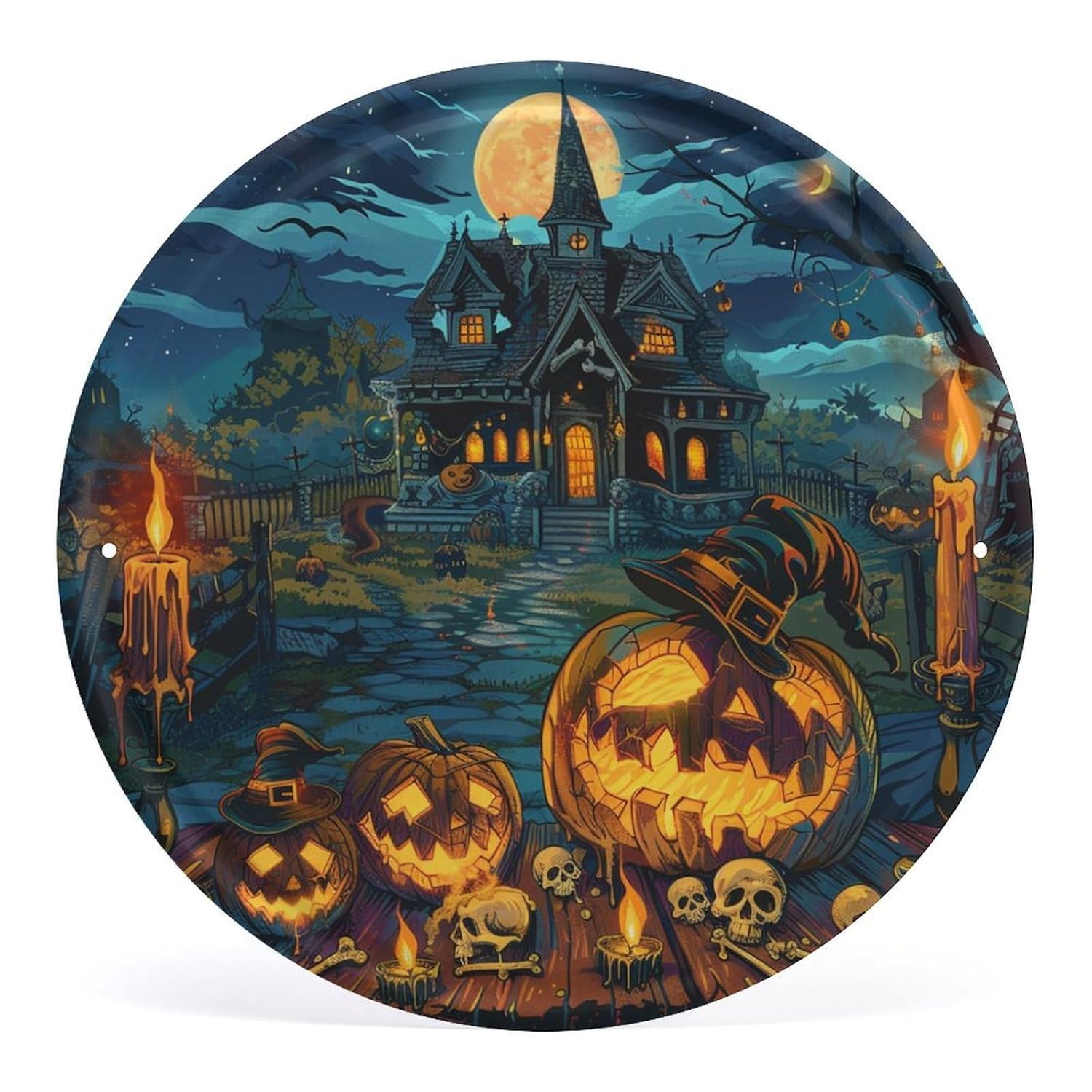 Round Aluminum Sign Halloween Night Scene with Pumpkins Vintage Metal ...