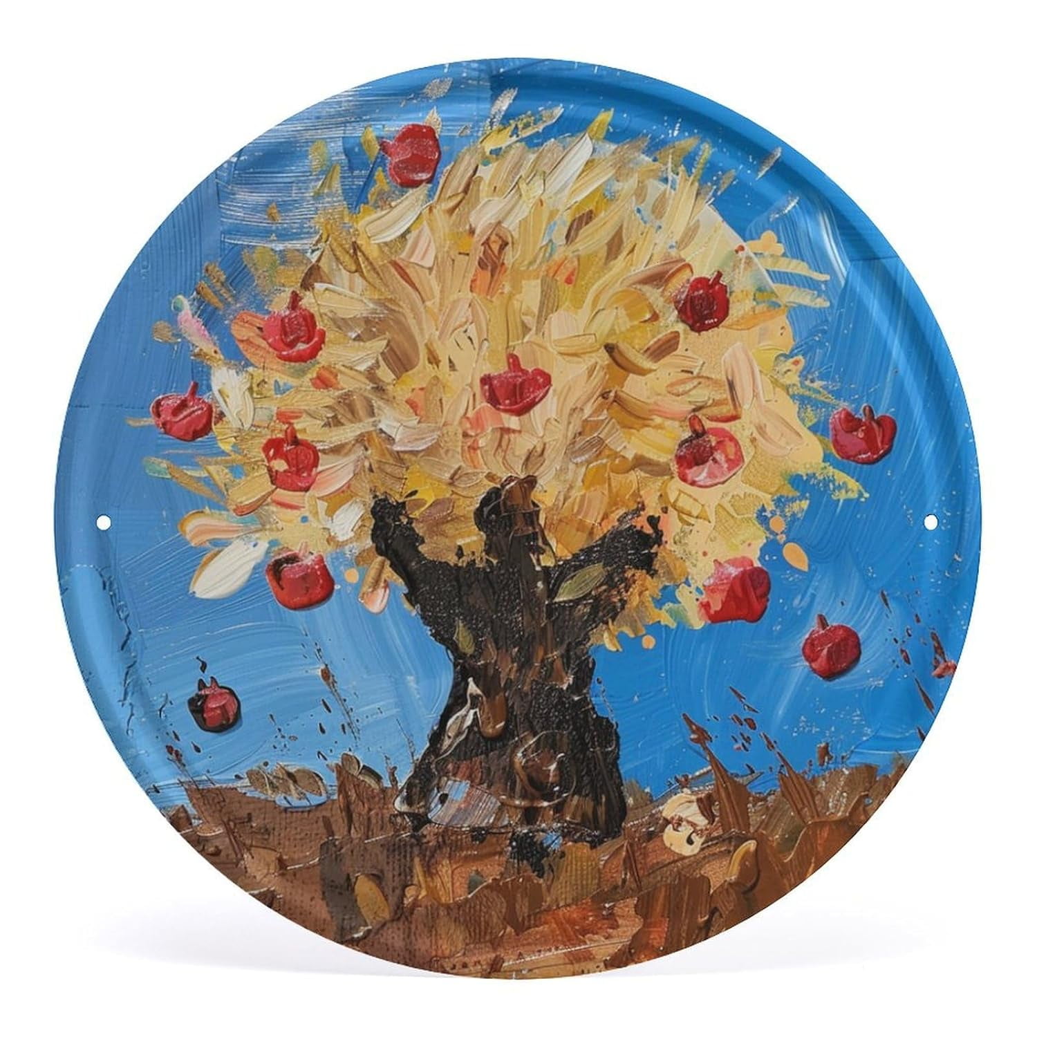 Round Aluminum Sign Painting Of An Apple Tree With Red Apples Rustic ...