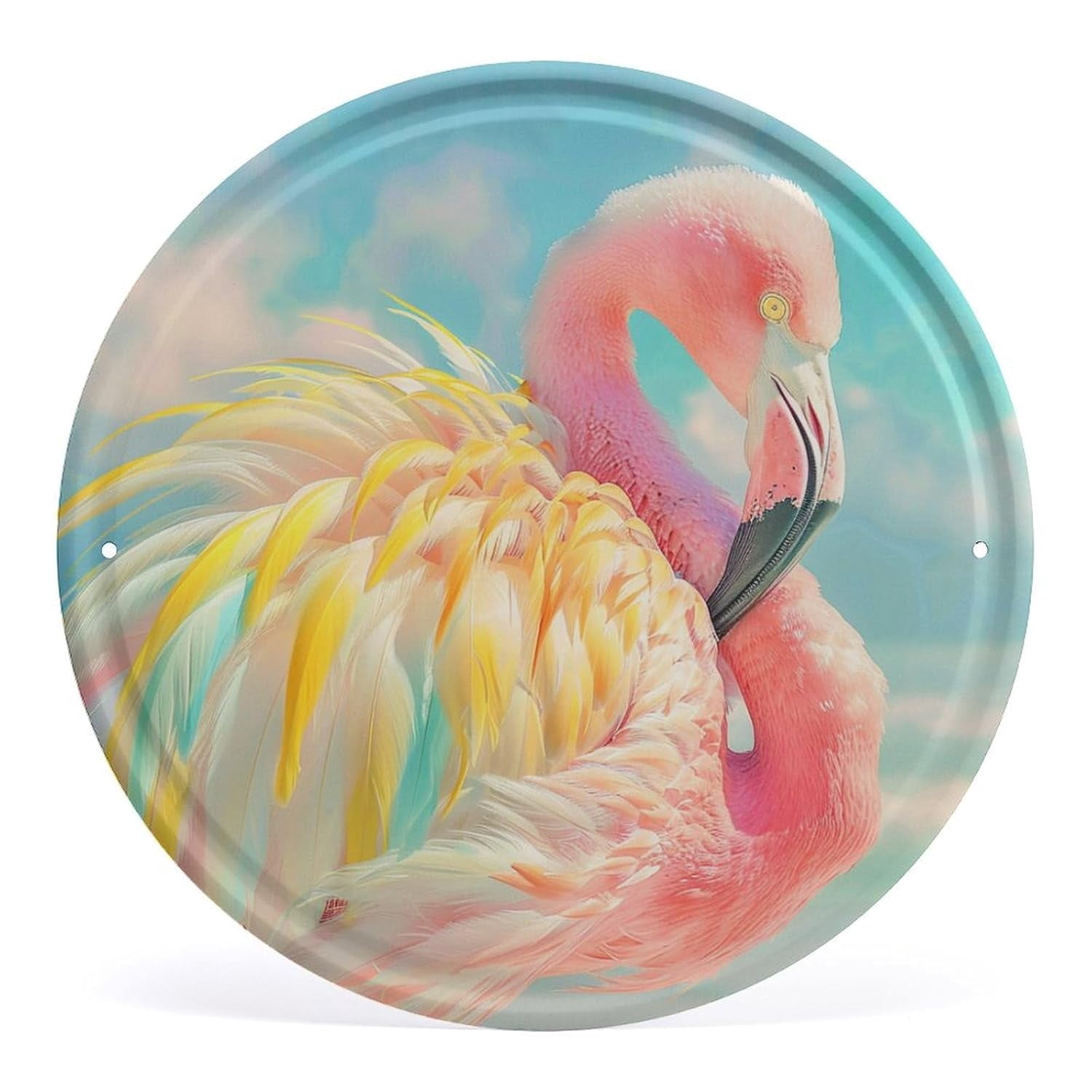 Round Aluminum Sign A Pink Flamingo with Yellow And White Feathers ...