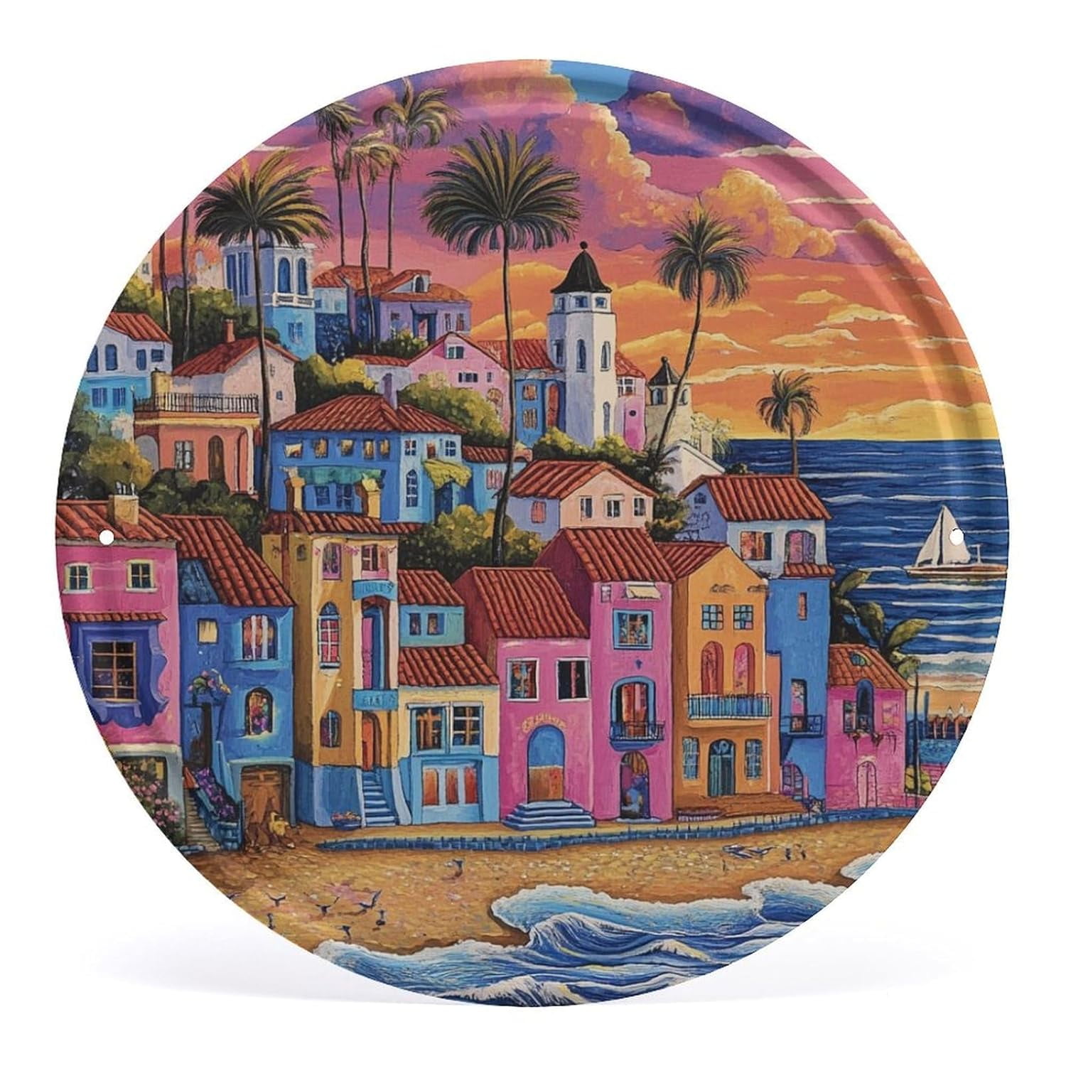 Round Aluminum Sign Vintage Scenic Vintage Metal Signs Romantic Beach ...