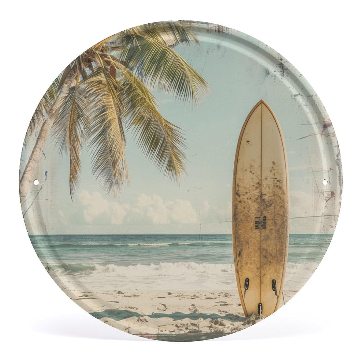 Round Aluminum Sign Vintage Surfboard on The Summer Beach Palm Tree ...