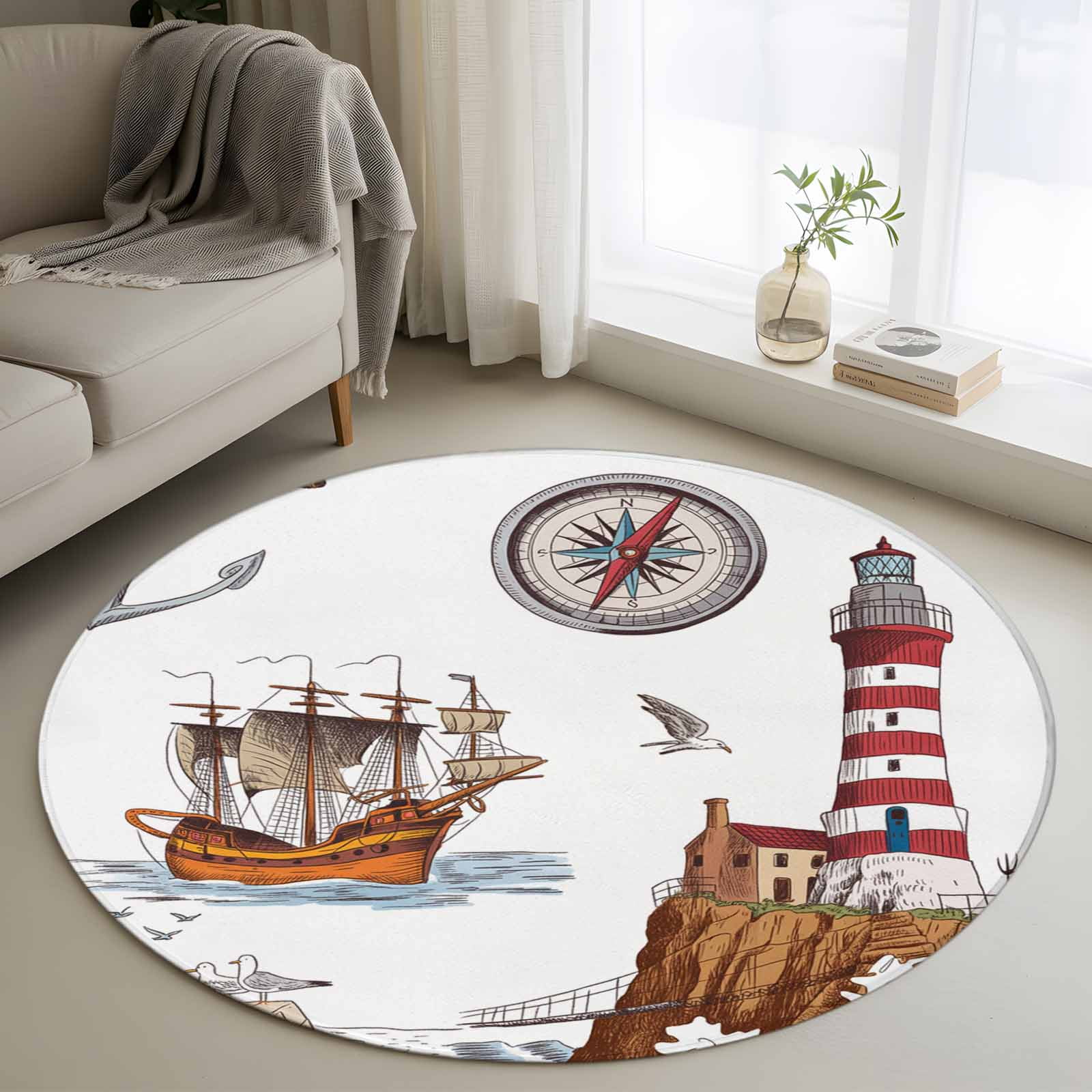 Round Area Rug 3.3 Ft, Nautical Lighthouses Washable Non-Slip Circle ...