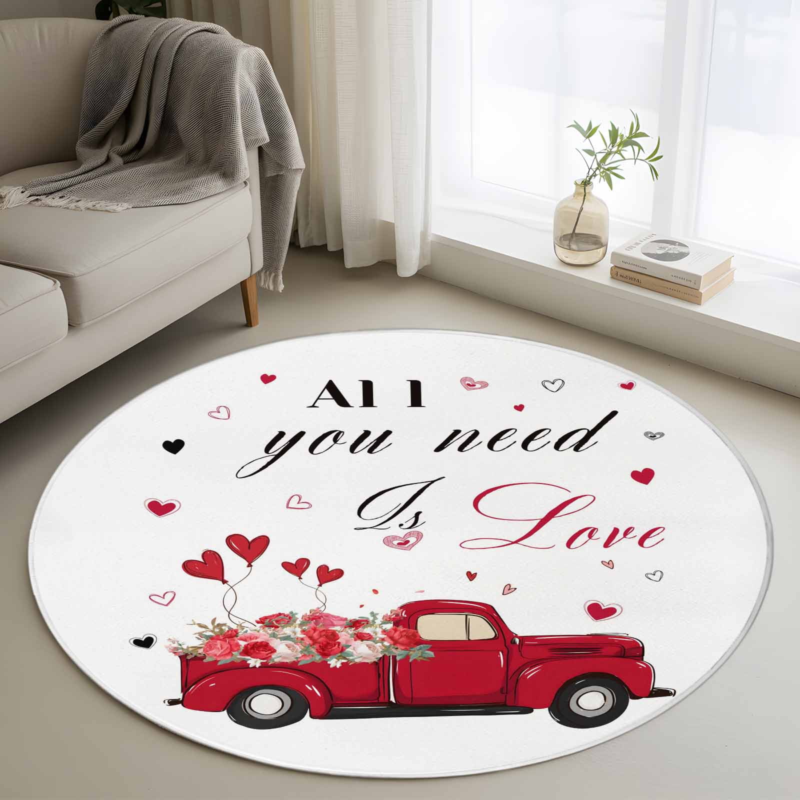 Round Area Rug 3.3 Ft, Valentine's Day Washable Non-Slip Circle Carpet ...