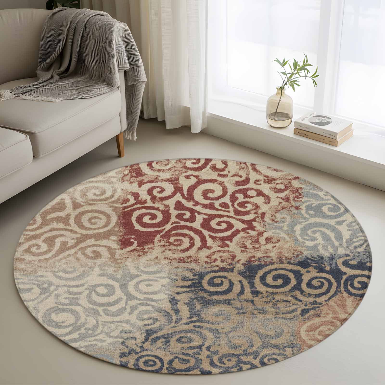 Round Area Rug 3.3 Ft, Vintage Abstract Washable Non-Slip Circle Carpet ...