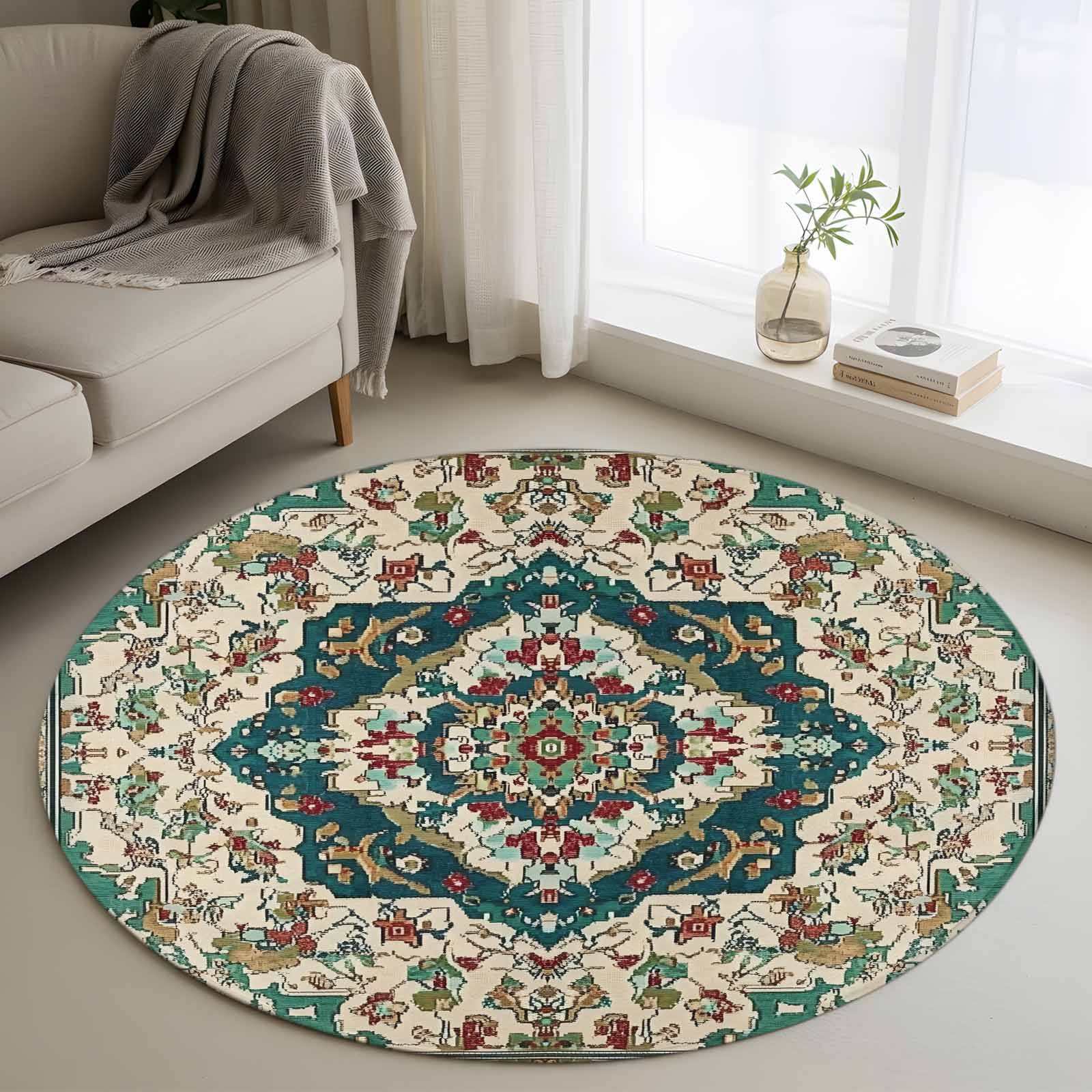 Round Area Rug 3 Ft, Beige Turquoise Boho Washable Non-Slip Circle ...