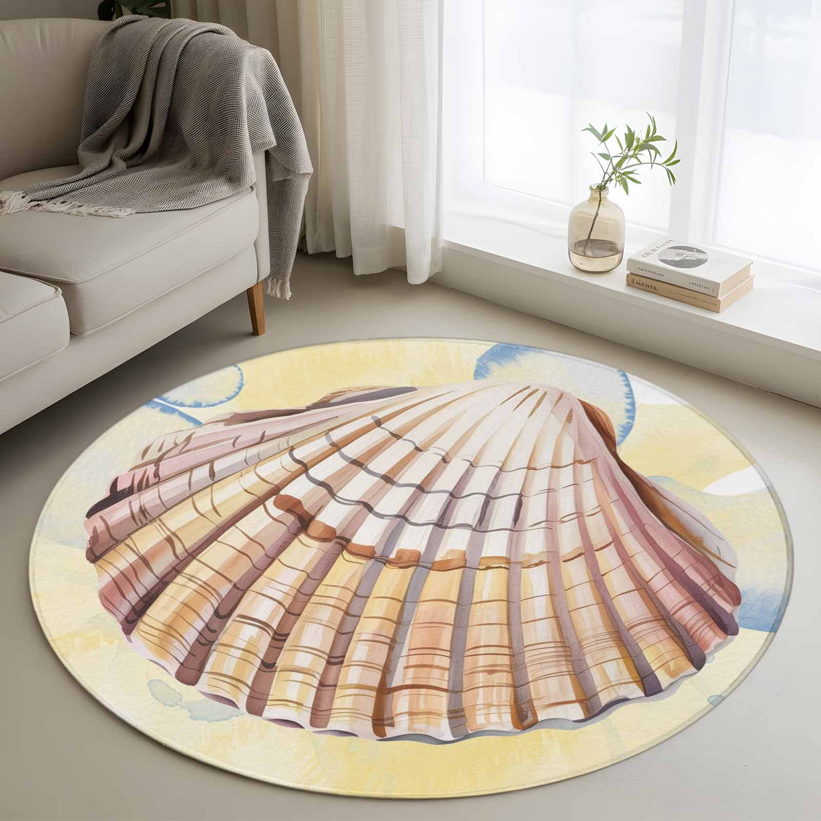 Round Area Rug 3 Ft, Coastal Seashells Washable Non-Slip Circle Carpet ...