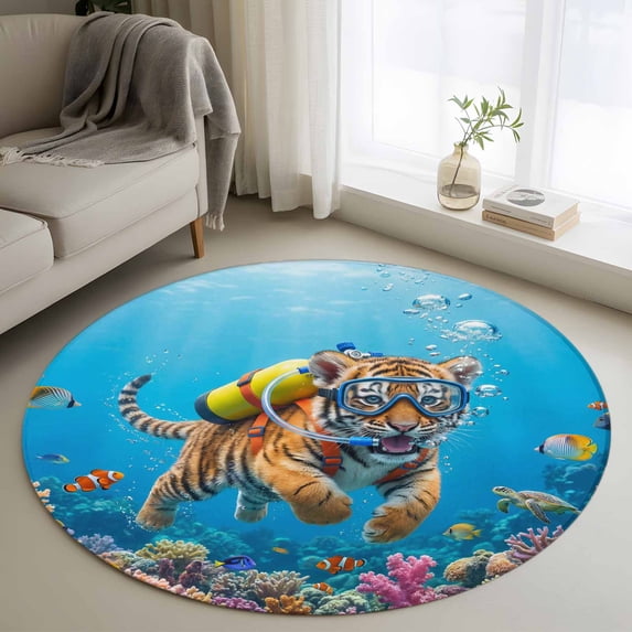 Round Area Rug 3 Ft, Funny Diving Tiger Washable Non-Slip Circle Carpet ...