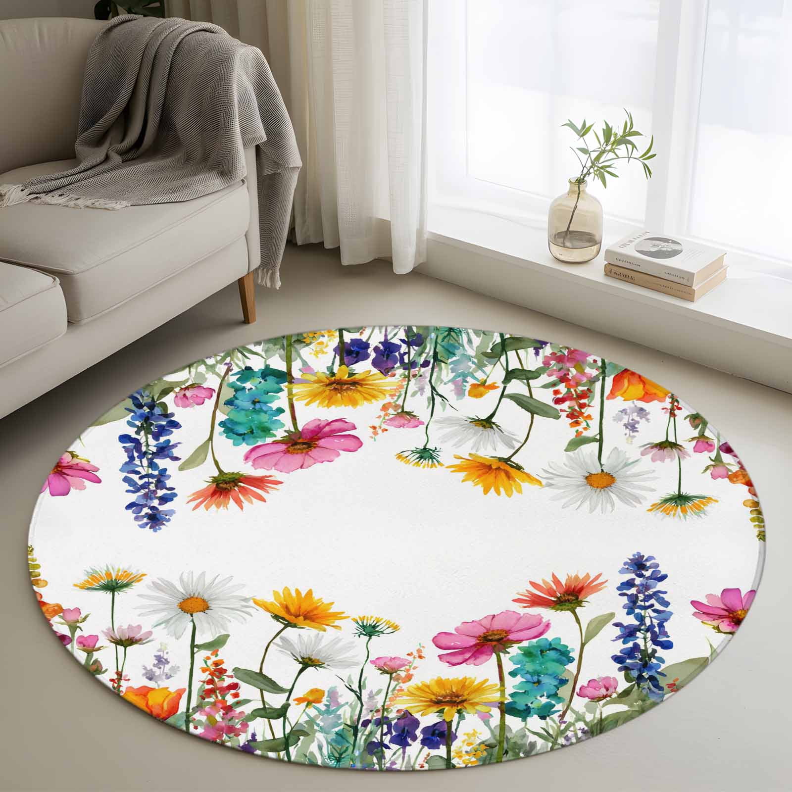 Round Area Rug 3 Ft, Spring Floral Washable Non-Slip Circle Carpet for ...