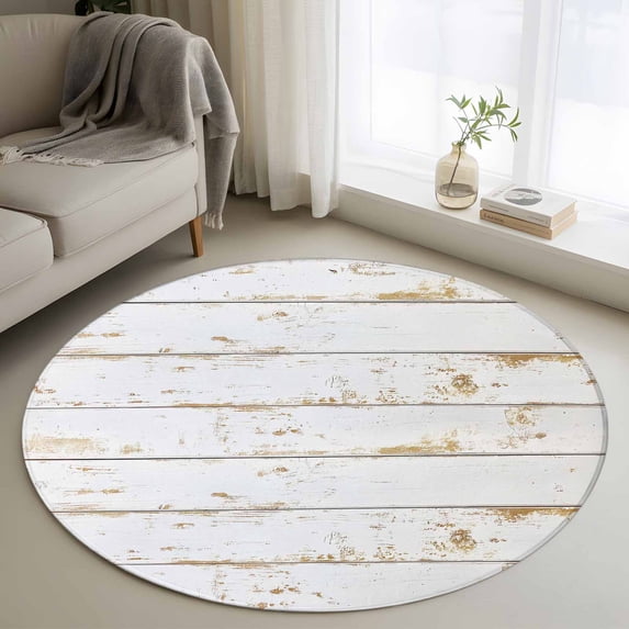 Round Area Rug 3 Ft, White Wooden Plank Washable Non-Slip Circle Carpet ...