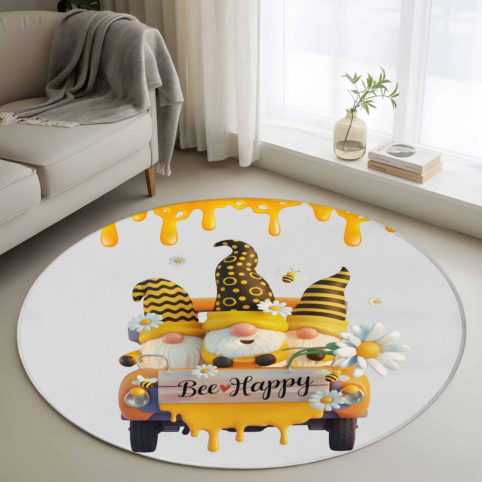 Round Area Rug 3 Ft, Yellow Gnomes Washable Non-Slip Circle Carpet for ...