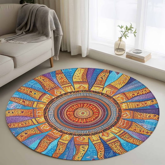 Round Area Rug 3ft, Abstract Boho Sun Floral Non-Slip Non-Shedding ...