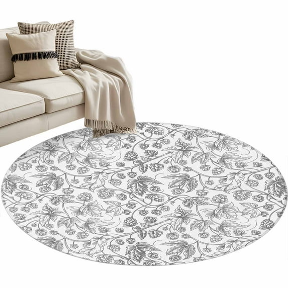 Round Area Rug 3ft Black White Floral Branch Floor Carpets Indoor Floor ...